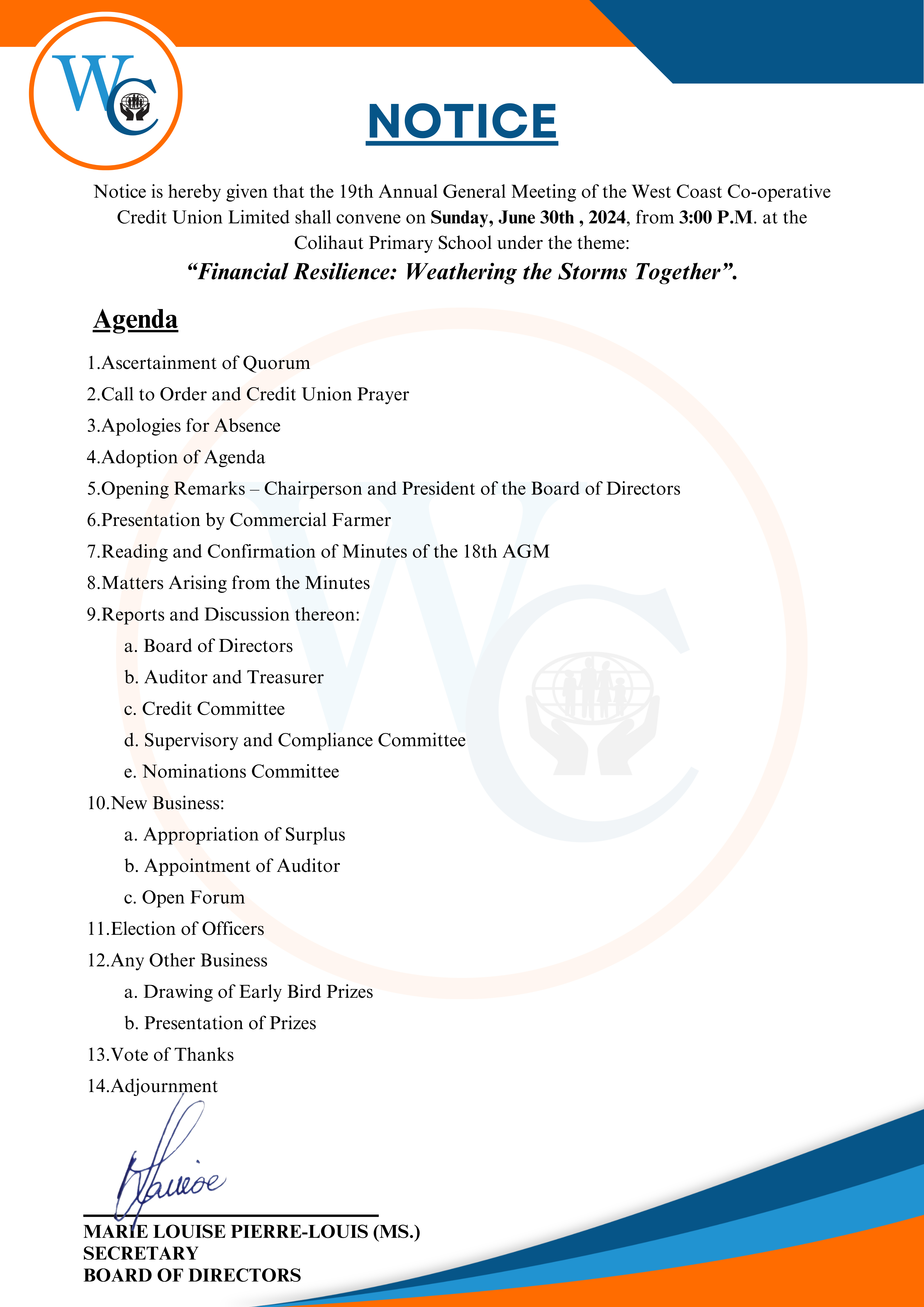 Notice of 19th Annual General Meeting – West Coast Co-operative Credit ...
