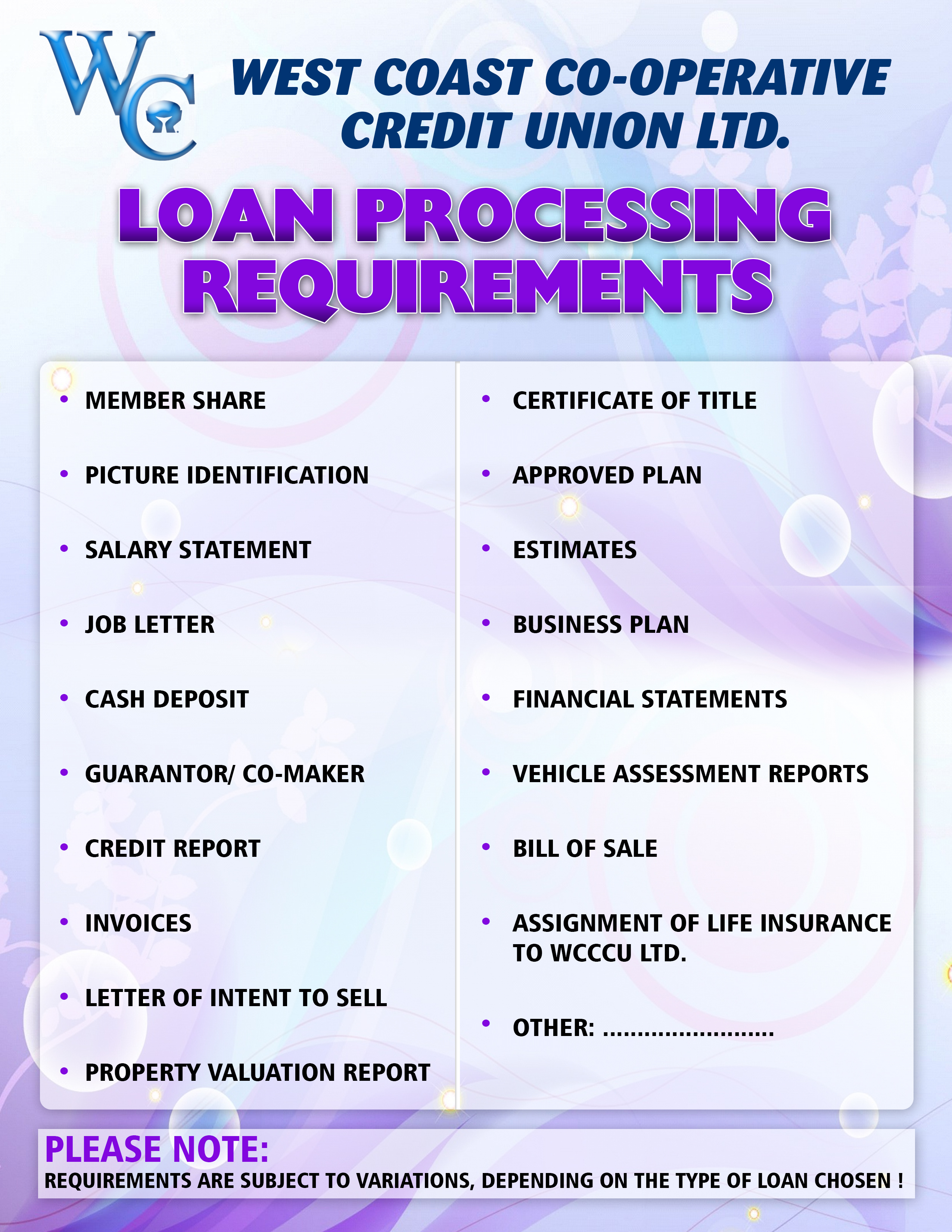 Loan Application Requirements – West Coast Co-operative Credit Union Ltd